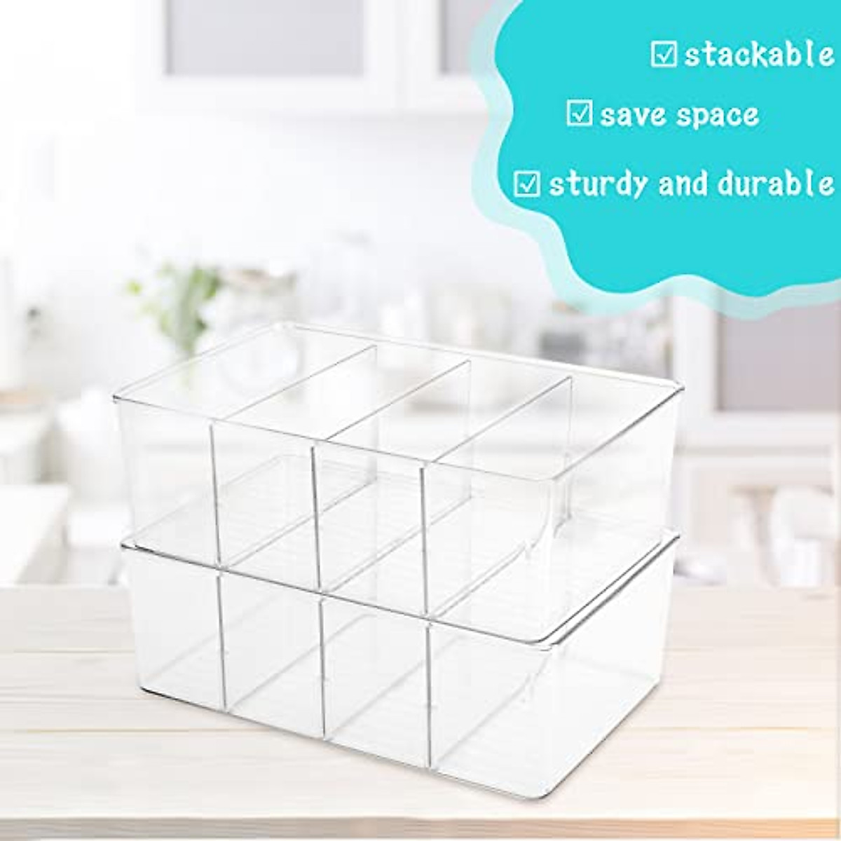 HANSGO Food Storage Organizer Bins, 2PCS Stackable Clear Plastic Organizer Bins with 6 Dividers Removable Pantry Organization and Storage Bins for Cereal Snacks Tea Seasoning