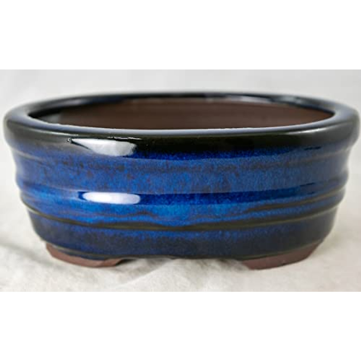 Oval Shohin Bonsai Pot, Cactus & Succulent Planter + Mesh 6"x 4.5"x 2.5" - Blue Stain Glazed