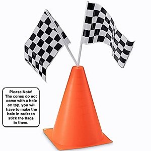 Traffic Cones and Racing Checkered Flags - (24 Pcs) 12 - Black and White Flags on Sticks and 12 – 7-Inch Mini Orange Sports Safety Cones for Kids - Race Car Theme Birthday Party Supplies