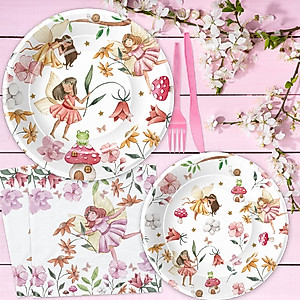 Xigejob Fairy Party Decorations Tableware - Fairy Birthday Party Supplies, Plate, Cup, Napkin, Tablecloth, Cutlery, Flower Fairies Enchanted Forest Garden Birthday & Baby Shower Decorations | Serve 24