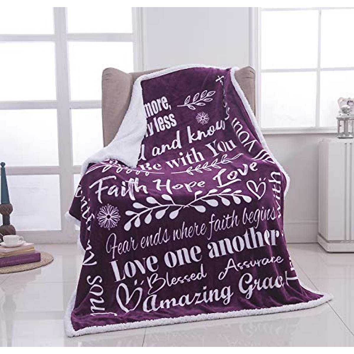 Faith Hope Love Blankets for Women | Inspirational Gifts for Women - Thoughtful Birthday Gifts for Women | Christian Blanket Gifts for Christian Friend Women or Men (Purple, Sherpa Fleece)