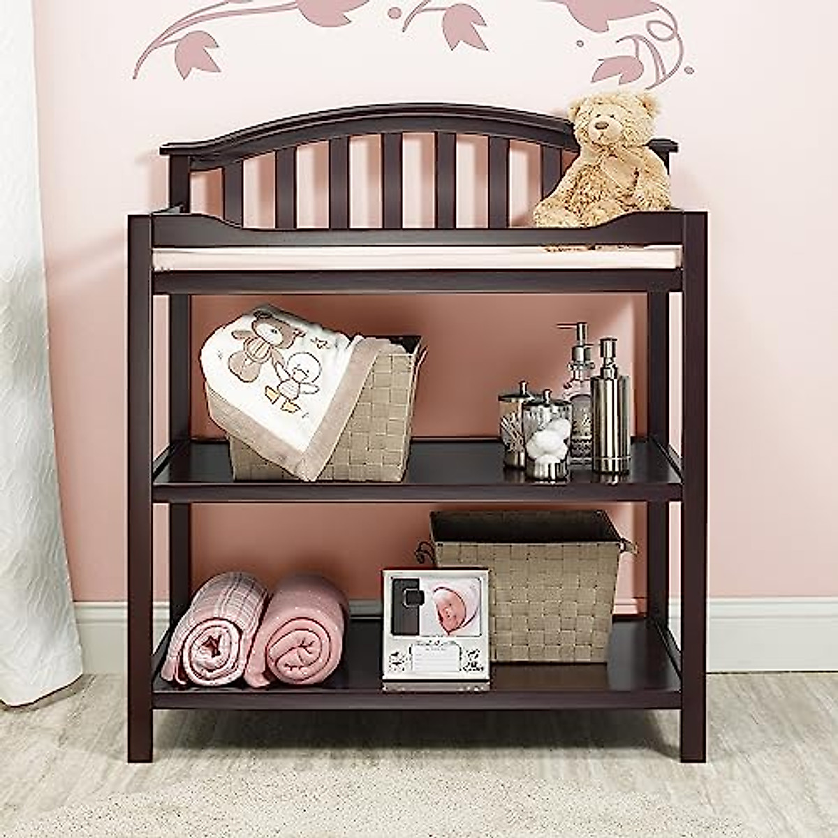 Sorelle Furniture Berkley Changing Table and Changing Pad, Dressing and Diaper Changing Table for Baby Room, Nursery Furniture for Infant -Espresso