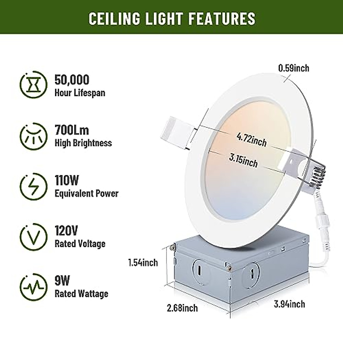 12 Pack Recessed Lighting 4 Inch with Junction Box, 5CCT 4 Inch LED Recessed Lights Dimmable 2700K/3000K/4000K/5000K/6000K, 9W 700lm Ultra Thin Recessed Lighting - ETL and Energy Star Certified