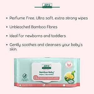 Aleva Naturals Bamboo Baby Sensitive Wipes | Unscented | Extra Strong and Ultra Soft | Natural and Organic Ingredients | Certified Vegan | 6 Packs of 72ct – Total of 432ct