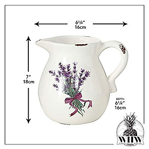 French Country Lavender Pitcher, Cottage Edition, Distressed Vintage Style, Rustic White, Worn Exposed Patches, 7 Inches Tall, Stoneware