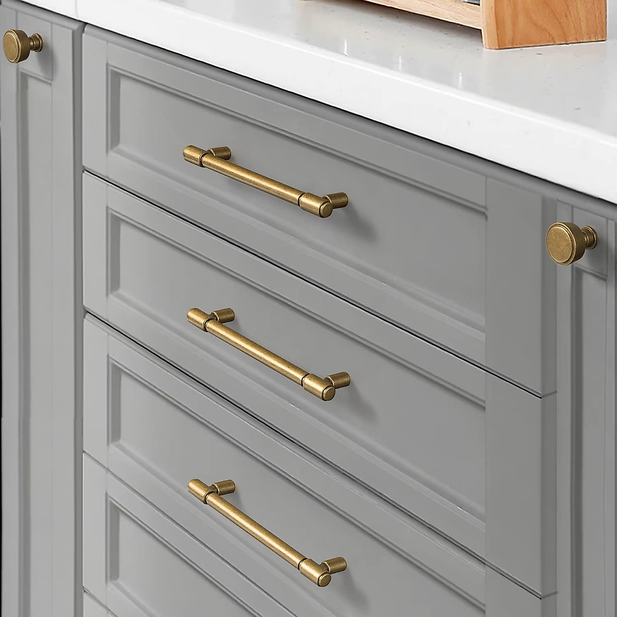 Goo-Ki 6 Pack Antique Brass Drawer Knobs Kitchen Cabinet Hardware - Solid Zinc Alloy Vintage Bronze Retro Knob Ancient Single Hole Bar Handles Pull for Closet Wardrobe Dresser Cupboard