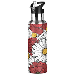 Poppies Daisies Leak Free Insulated Bottles with Handle 32 oz Vaccuum Bottle with Straw Lid Thermal Bottle for Hot & Cold Drinks BAP-Free