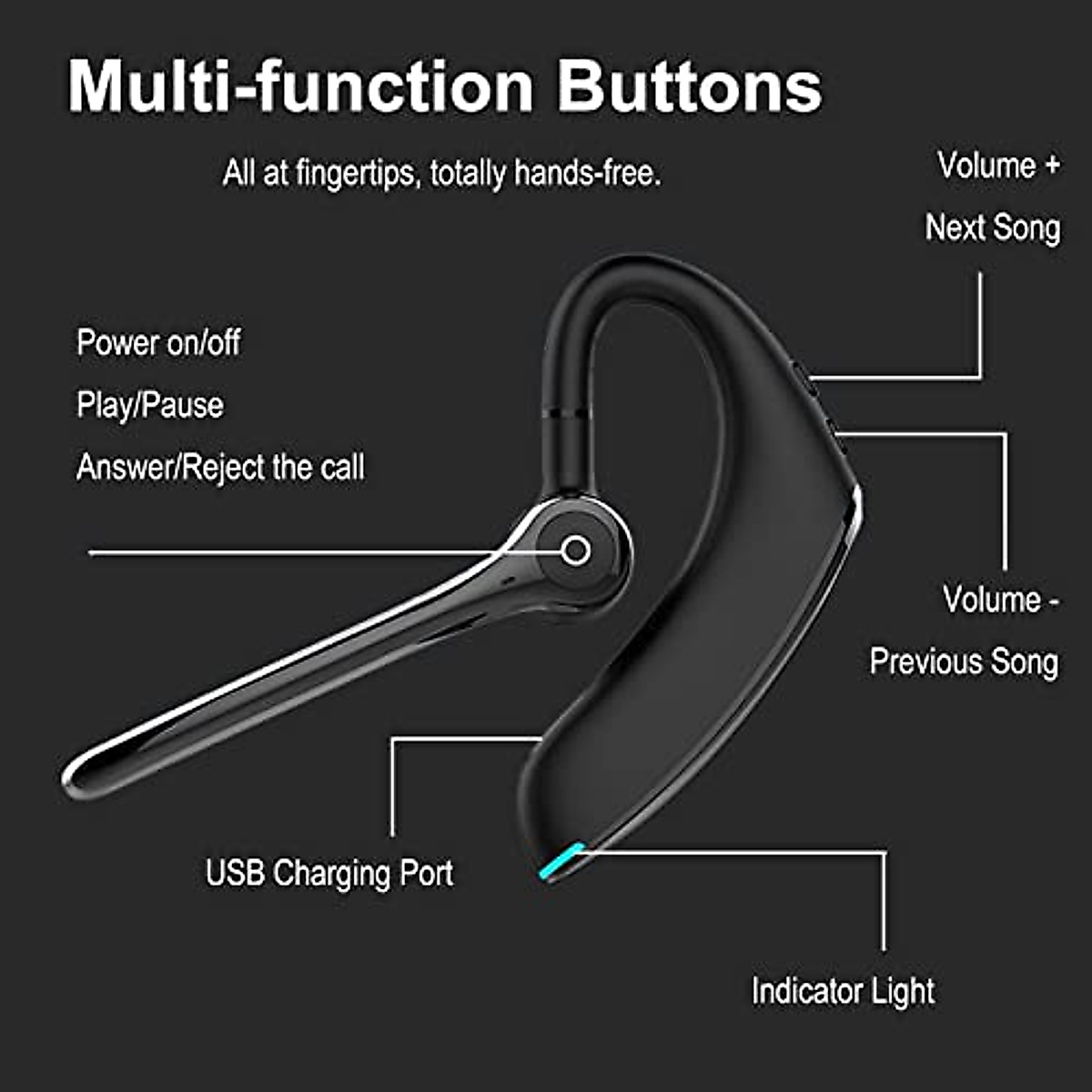 Trucker Bluetooth Headset for Cell Phones with Dual Microphones Wireless Earbuds with Earhooks Single Ear Hands Free Headset 16Hrs Talktime ENC Noise Cancelling Headphones for Office Business Driving