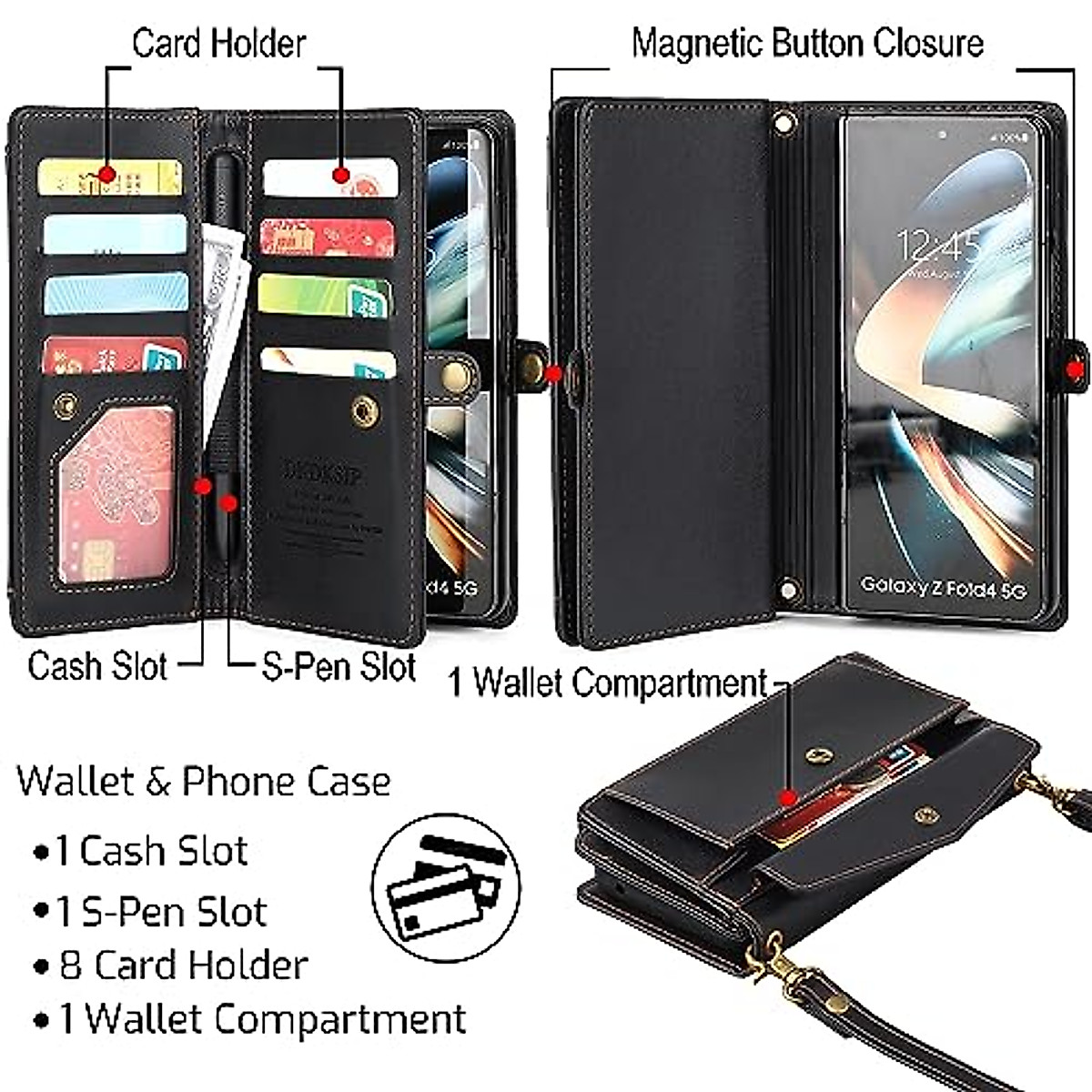 DKDKSIP for Samsung Galaxy Z Fold 5 Wallet Case for Women, RFID Blocking Card Holder, PU Leather Flip Phone Case with Crossbody Strap Wristlet Kickstand for Galaxy Z Fold 5, Black