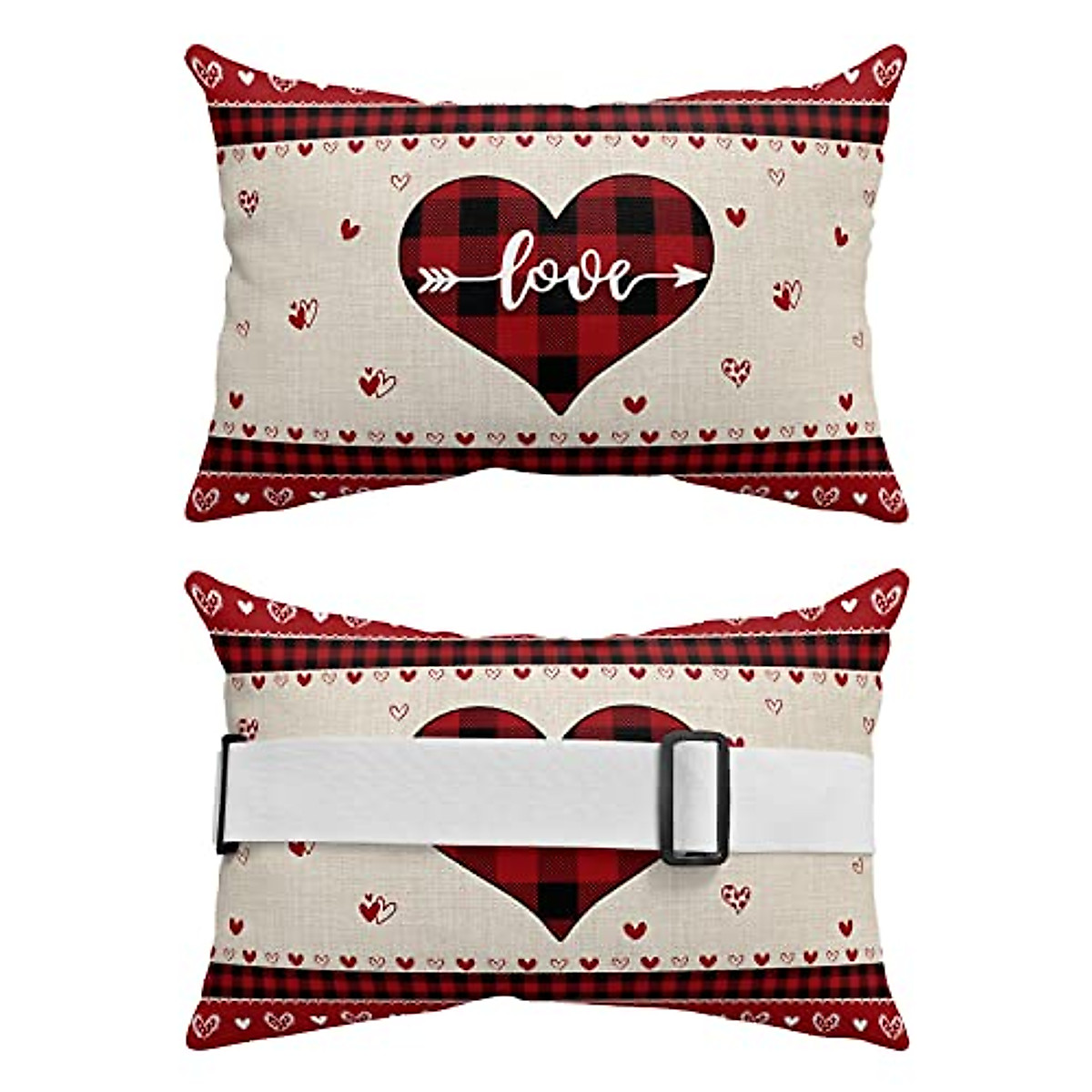 Recliner Head Pillow Ledge Loungers Chair Pillows with Insert Love Heart Black and Red Buffalo Plaid Lumbar Pillow with Adjustable Strap Outdoor Waterproof Patio Pillows for Beach Pool Chair, 2 PCS