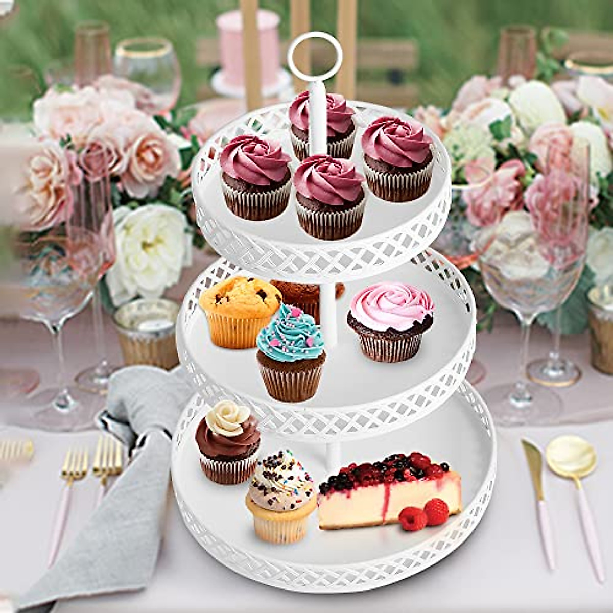 Weharnar Cupcake Stand - 3 Tier Metal Cupcake Tower - Dessert Table Display Set Round Cake Holder Tiered Serving Tray for Cup Cakes Desserts Fruits Candy Cookie Buffet, White