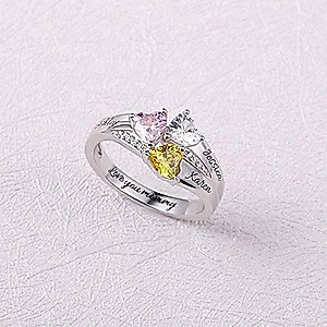Mothers Ring Sterling Silver with 3 Birthstones & Names Personalized Women Band Custom Three Heart Shaped Stones Children Names White Gold Plated Gift for Mothers Day from Son Daughter