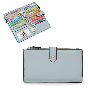 UTO Wallet for Women Leather Vegan 23 Slots Card Doulbe Zipper Pockets Large Phone Holder Organizer Light Blue