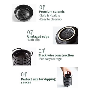 Ghaexui Japanese Ceramic Soy Sauce Dishes, Dipping Bowls, Side Dishes, Sauce Bowls-3.5 Inch, with Metal Stand for Ketchup Soy Sauce Sushi BBQ Party, Set of 6, Black
