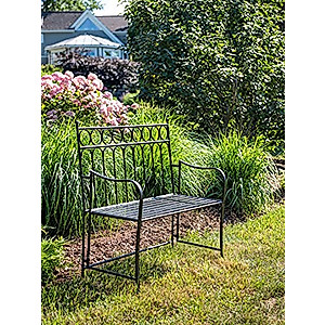 Gardener's Supply Company Oxford Folding Garden Bench | Sturdy Metal Frame Outdoor Portable Bench with Side Armrest for Patio, Lawn, Yard & Flower Gardens | Fits 2-Person (17.5" W x 40.5" L x 41" H)