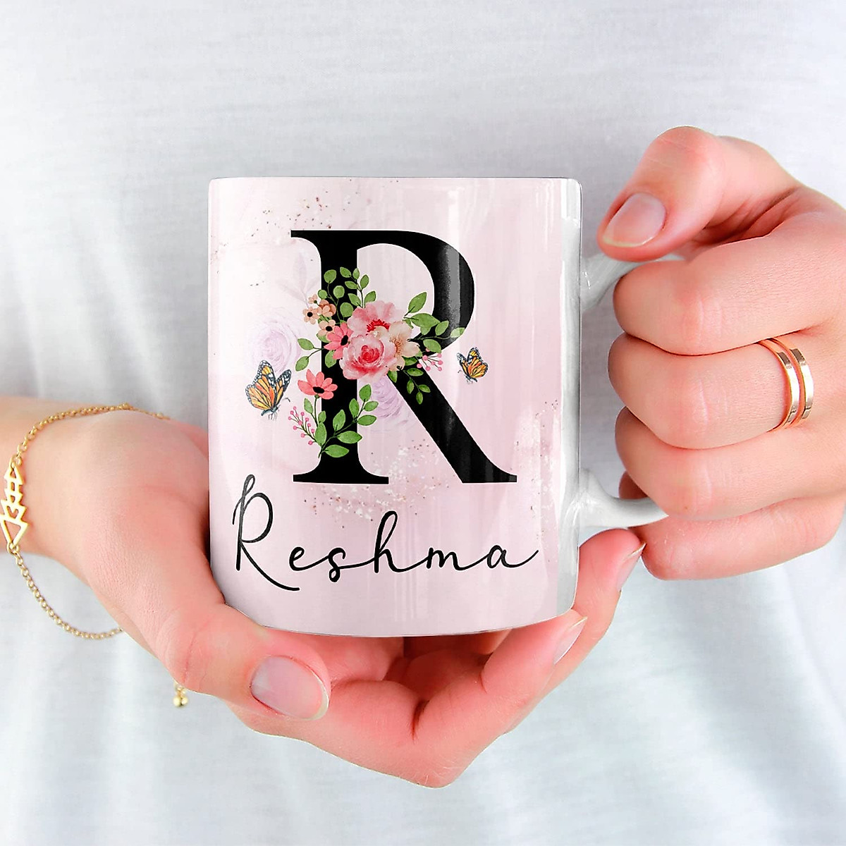 Personalized Name & Initial Monogram Floral Pink Pattern Alphabet White Coffee Mug Cup, Initial Monogram Travel Mug Gift For Women