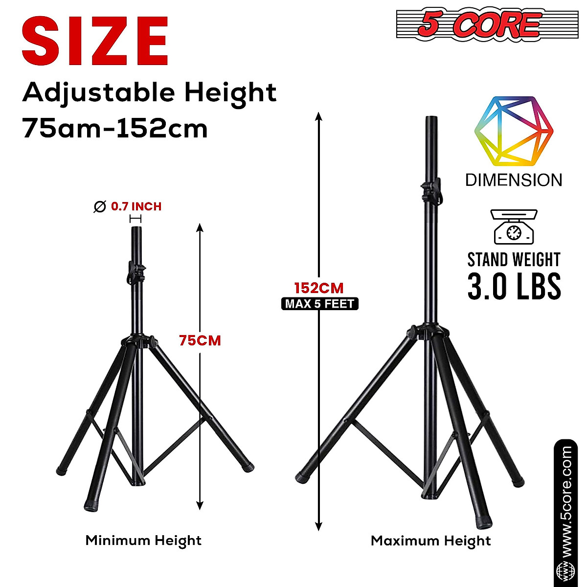 5 Core Speaker Stand Tripod Floor Adjustable Up to 60 Inch DJ Studio Monitor Stands Pole Mount - SS HD 1PK 5FT