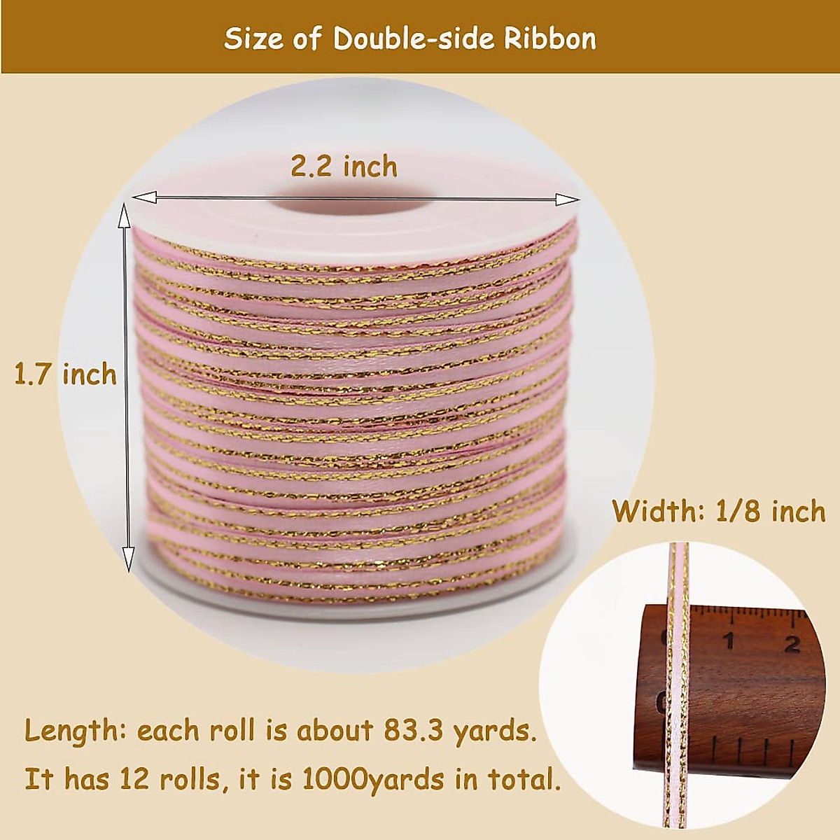 JESEP YONG 1/8" Assorted Satin Ribbon with Gold Edge Solid-1000 Yards-3mm ContinuousThin Ribbon Boutique Gift Wrapping Package Ribbon-DIY Crafts-Balloons-Florists-Showers Deco Ribbon(12 Colors)