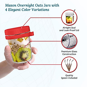 Overnight Oats Container with Lid and Spoon Airtight 16 oz Glass for Cereal Yogurt Milk Fruit, chia pudding jars, Overnight Oats Leak Proof Oatmeal Container, yogurt container with lids, 4-pack