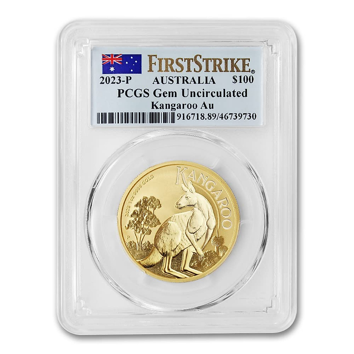 2023 P AU 1 oz Australian Kangaroo Gold Bullion Coin Gem Uncirculated (First Strike - Flag Label) 24K $100 GEMUNC PCGS
