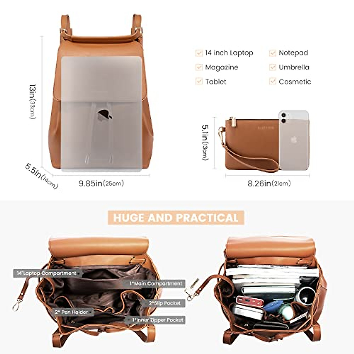 LOVEVOOK Backpack Purses for Women, Tote Bag Convertible PU Leather Backpacks, Fashion Handbag Satchel Bags Casual Back Pack 14 Inch Laptop Backpacks 2PCS, Brown