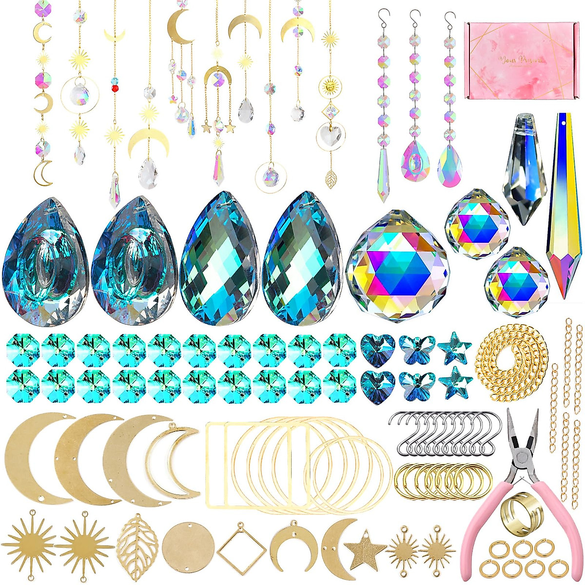 370 Pcs Crystal Suncatcher Kits Hanging Chandelier Crystals Prisms Parts Rainbow Maker Pendants for Stained Glass Window Hanging DIY Sun Catchers Beads Indoor Window Outdoor Garden Decor (Gold)