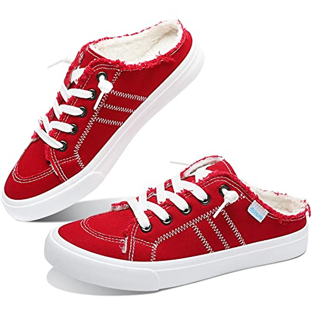 Obtaom Women Canvas Slippers,House Mules with Warm Fleece Lining,Comfortable Slip-On Mule Backless Holiday Shoes(Red Fleece,US6)