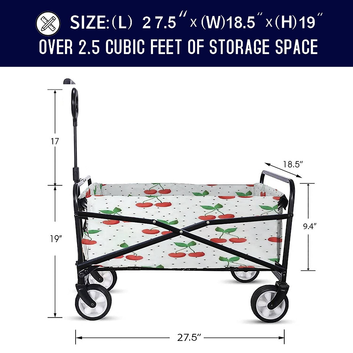 Collapsible Wagon Cart Cherry Seamless Hand Drawn Cherries on Dotted Black and White Painted Foldable Utility Wagon Large Capacity Garden Cart with Push Bar for Beach Camp Outdoor Shopping