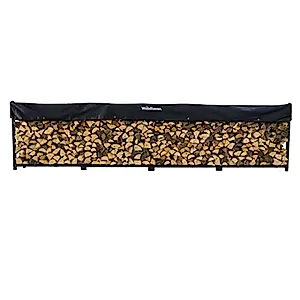 Woodhaven 16 Foot Black Large Outdoor Firewood Rack With Seasoning Cover - 1 Cord Fire Log Holder - Powder Coated Steel Firewood Holder - Made In USA (Cover)