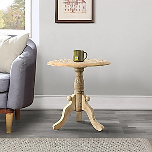 Homxi End Table 18" L x 18" W x 18" H,Intricately Carved Round Top Mango Wood Side End Table with Pedestal Base, Brown and White End Table for Living Room