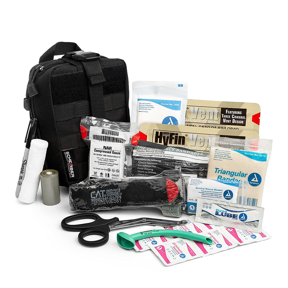 Scherber Premium IFAK Kit Trauma Pack | HSA/FSA Approved | Fully Stocked MOLLE Pouch w/CAT Tourniquet, HyFin Chest Seal, & Israeli Bandage | Trauma Kit for Gunshot, Bleeding, Major Wound Care (Black)