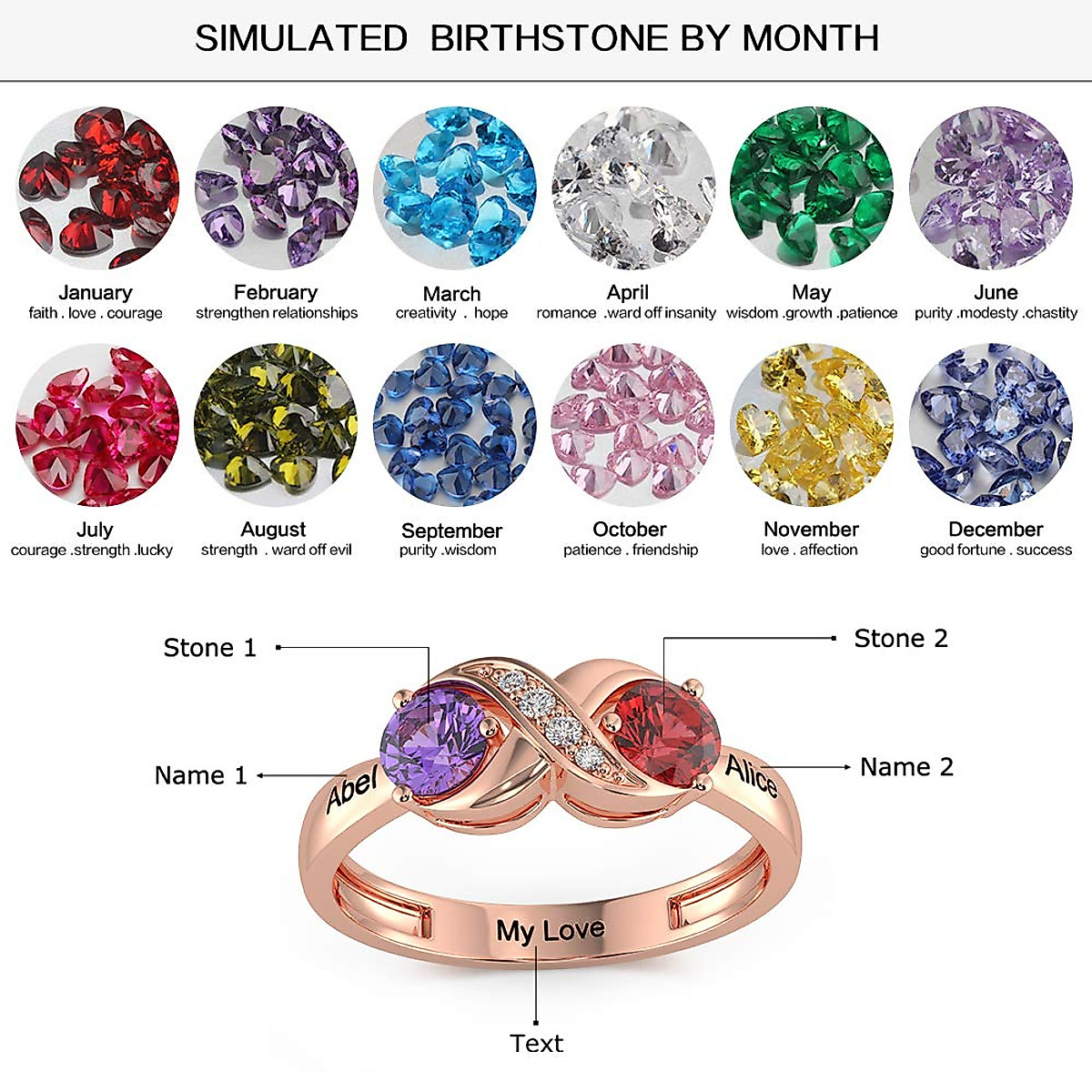 Personalized Infinity Mothers Ring with 2 Round Simulated Birthstones Custom Engraved Engagement Promise Rings for Women (rose gold, 8)