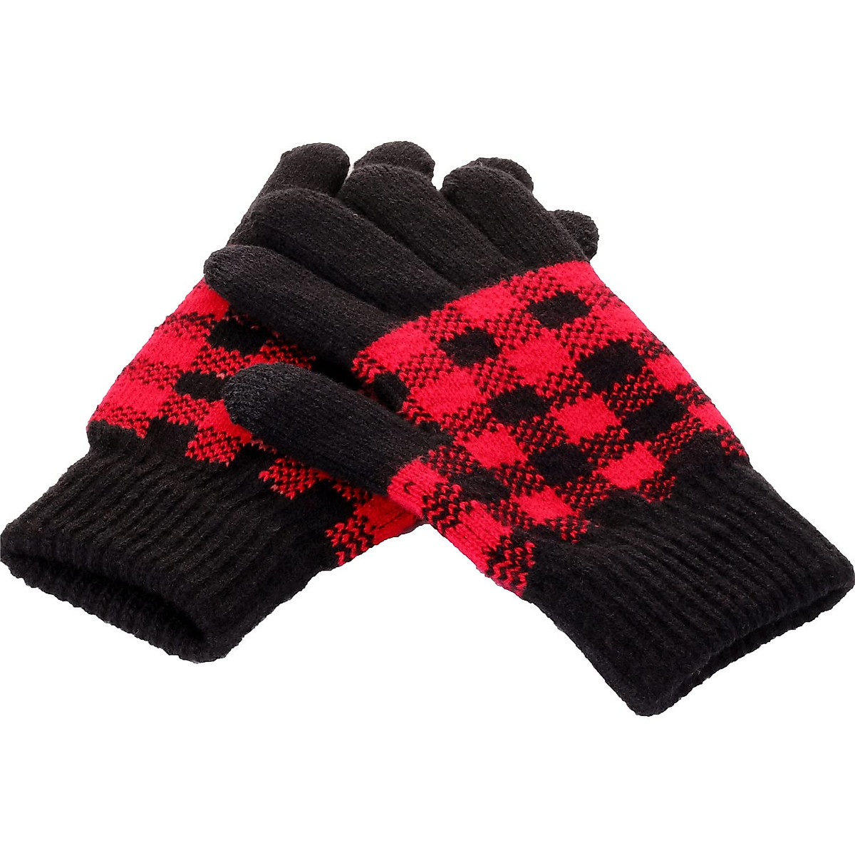 CRUOXIBB Winter Soft Stretch Buffalo Plaid Cuff Beanie Hat Thick Chunky Warm Knit Skull Ski Cap (Black/red+Glove+Scarf)