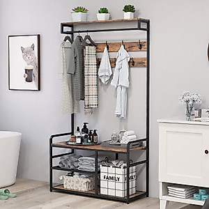 Livofloral Hall Tree Coat Rack with Storage, Entryway Hall Tree with 9 Hooks, Coat and Shoe Rack, Industrial Entryway Furniture with Shoe and Clothes Storage for Mudrooom, Rustic Brown