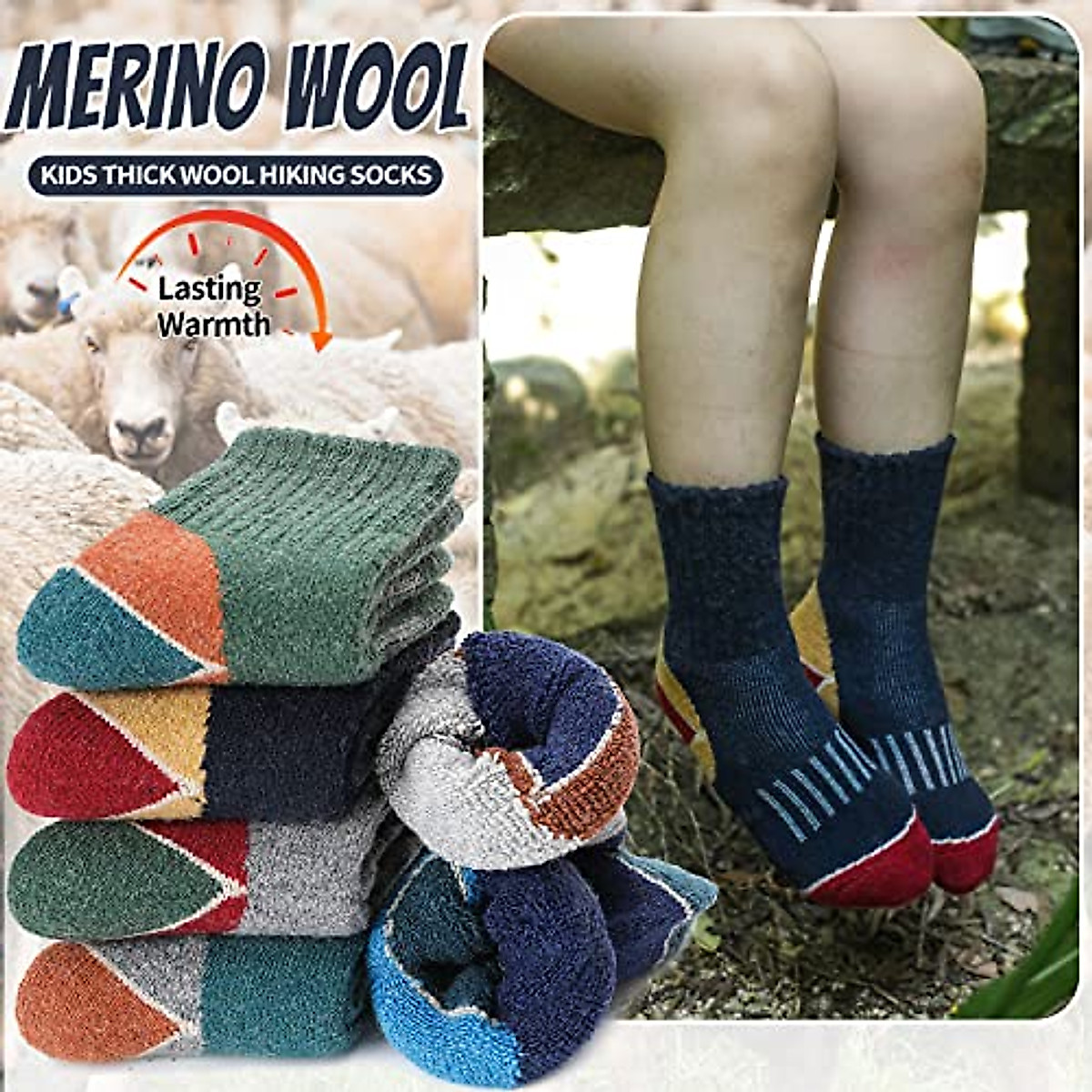 Kids Merino Wool Hiking Socks Boys Toddlers Girls Winter Thermal Thick Warm Boot Cushion Ski Snow Gift Socks Stocking Stuffers 6 Pairs (Color matching, 8-12 Y)