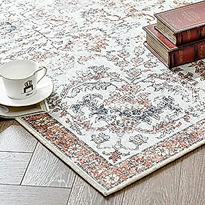 jinchan Area Rug 8x10 Vintage Rug Indoor Thin Rug Retro Accent Rug Distressed Carpet Red Multi Floral Print Country Boho Rug Non Slip Kitchen Bedroom Living Room Dining Room Office