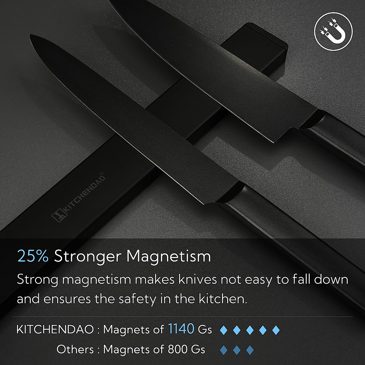 Stainless Steel Magnetic Knife Strip Holder with 3 Hooks 16 Inch, 25% Stronger Magnet, Adhesive Magnetic Knife bar Rack No Drilling - by KITCHENDAO