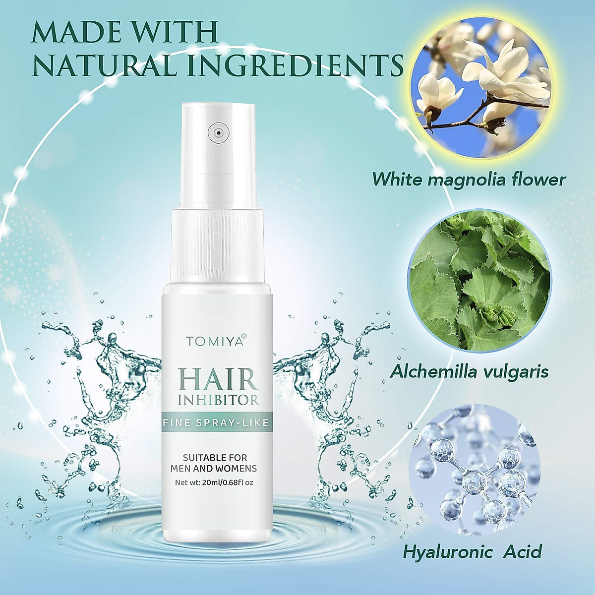 Tomiya Hair Inhibitor - Hair Stop Growth Spray - With 5 Wax Strips - Natural Ingredient to Inhibit and Reduce to Stop Hair Growth - Safe for Face, Arm, Leg, Armpit Use - Smooth Your Skin - 20 ML