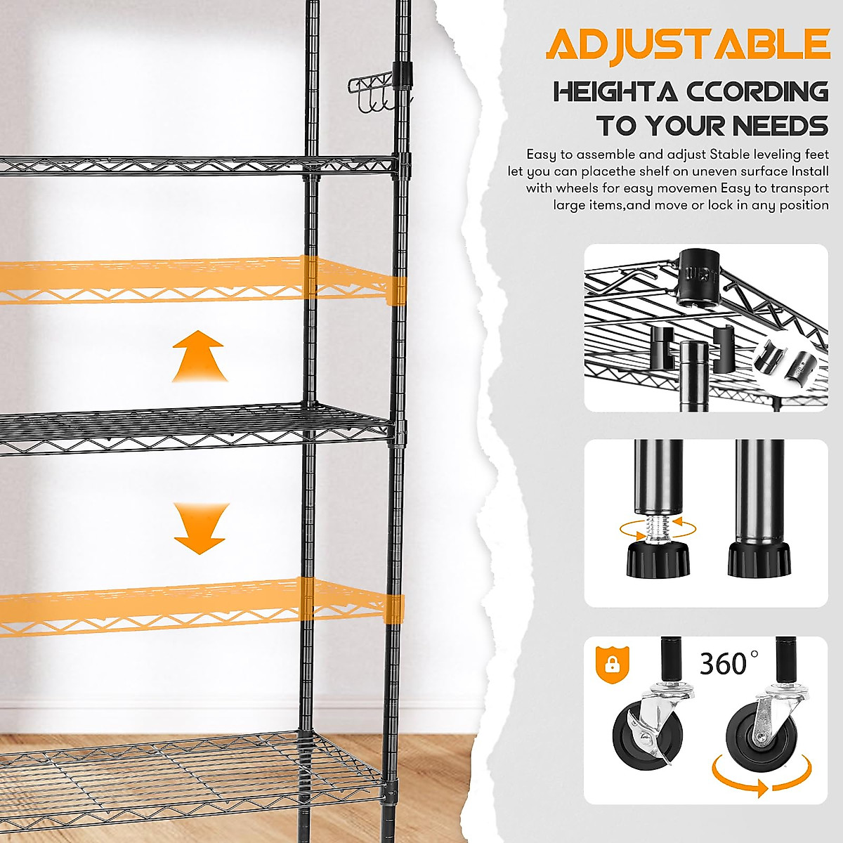 YNN Wire Shelving,1750Lbs Capacity 5 Tier Heavy Duty NSF Wire Shelf with Rolling Wheels Black Metal Storage Shelves Adjustable Wire Rack Unit 36" W x 14" D x 72" H for Kitchen Bathroom Garage Closet