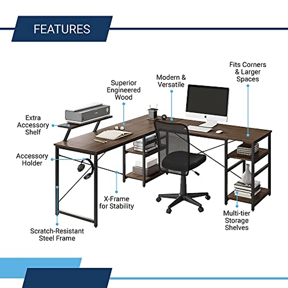Techni Mobili Office Desk - Reversible L Shaped Desk with Storage Shelves, Monitor Stand & Accessory Holder - Ergonomic & Industrial Workstation Corner Table with Durable Steel Frame, Walnut