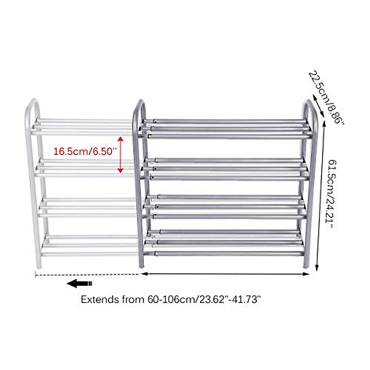 GEMITTO Shoe Rack Organizer for Closet Entryway, 4 Tiers Adjustable Heavy Duty Metal Shoe Storage Shelf, Large Enough for 20+ Pairs of Shoes (23.6"~41.7"x8.9"x24.2")(Silver)