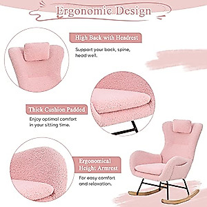 KINFFICT Accent Rocking Chair, Tufted Upholstered Glider Rocker for Nursery, Comfy Armchair with Side Pockets, Modern Lounge Arm Chair for Living Room, Bedroom (Upgraded Teddy Pink)