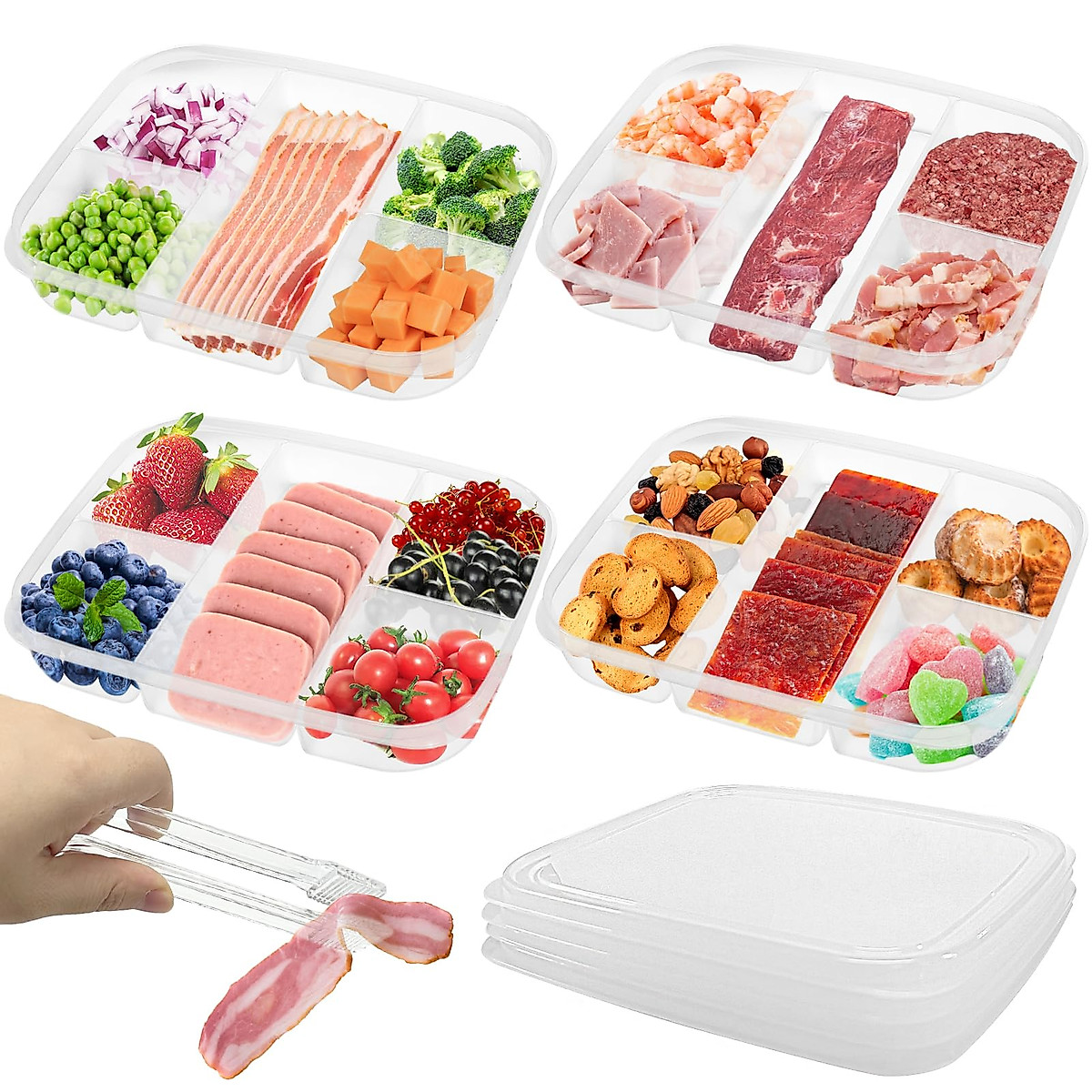 KKONHII 4 Pcs Divided Veggie Tray with Lid and Food Clip, 5 Compartment Reusable Snackle Box Food Storage Container Fridge Organizer BPA-Free Container Serving Tray for Snack, Fruit, Candy, Nuts