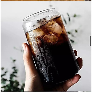 Drinking Glasses with Bamboo Lids and Glass Straw 4pcs Set - 16oz Can Shaped Glass Cups, Beer Glasses, Iced Coffee Glasses, Ideal for Cocktail, Whiskey, Gift - 2 Cleaning Brushes