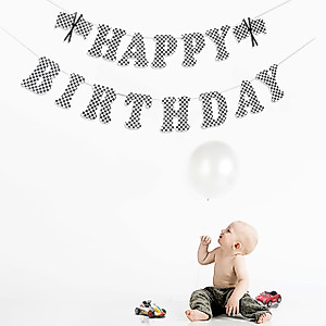 Diprin Racing Birthday Banner, Black and White Checkered Banner Racing Birthday Party Decorations, for Nascar Race Party Supplies ﻿
