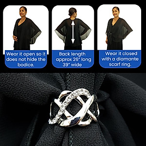 eXcaped Womens Evening Wrap Sheer Chiffon Cape and Silver Scarf Ring Set -Black