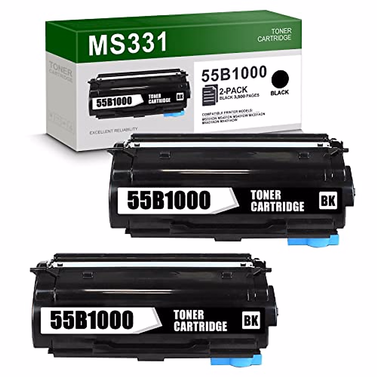 2 Pack MS331 55B1000 Remanufactured Compatible Toner Cartridge Replacement for Lexmark MS431dw MS331dn MS431dn MX331adn MX431adn MX431adw Printer Ink, Black