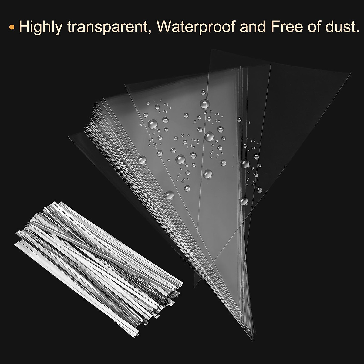 uxcell 100 Pcs Cone Cello Bags, Clear Flat Plastic Cello Treat Bags with Silver Twist Ties Candy Bags Cookie Bags for Christmas Snacks Candy Cookie Sweet