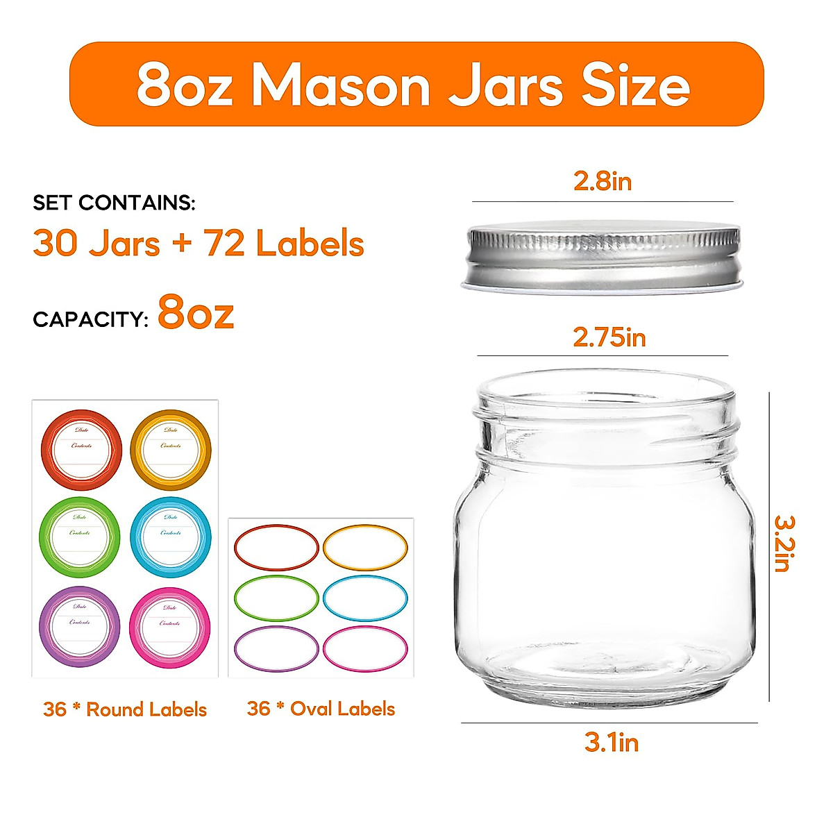 30 Pack Small Mason Jars 8 oz with Lids, Half Pint Canning Jars with 72 Free Labels, Regular Mouth Glass Jars for Canning, Preserving, Candle, DIY & Meal Prep