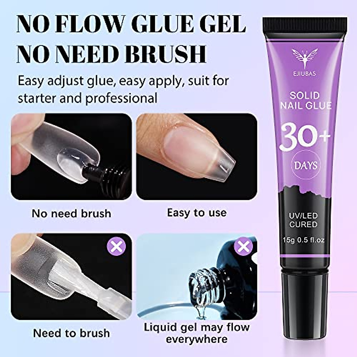 Ejiubas Gel Nail Kit - 300PCS Pre-buff Short Almond Gel Nail Tips, 15ML Long-Lasting Solid Gel with Portable Nail Lamp, Acrylic Nail Kit Gel Extension Set for Diy Home Manicure